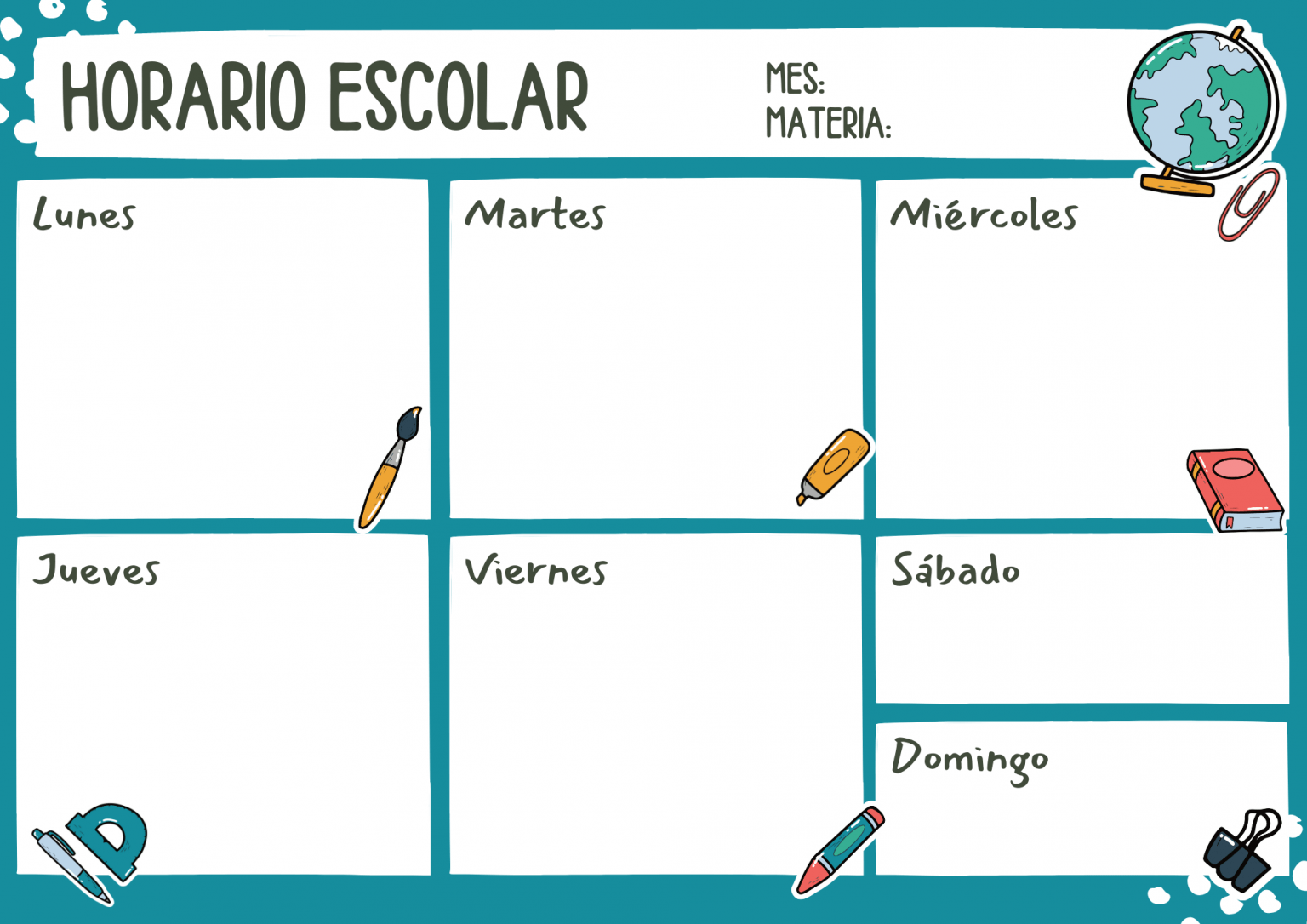 Plantilla horario escolar para imprimir 📆 PDF GRATIS